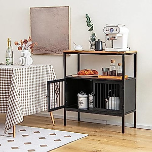 GLOBALWAY Buffet Storage Cabinet, Coffee Station Sideboard with Open Shelve & 2-Door Cabinet, Modern Metal Console Table for Home, Cafe, Natural and Black