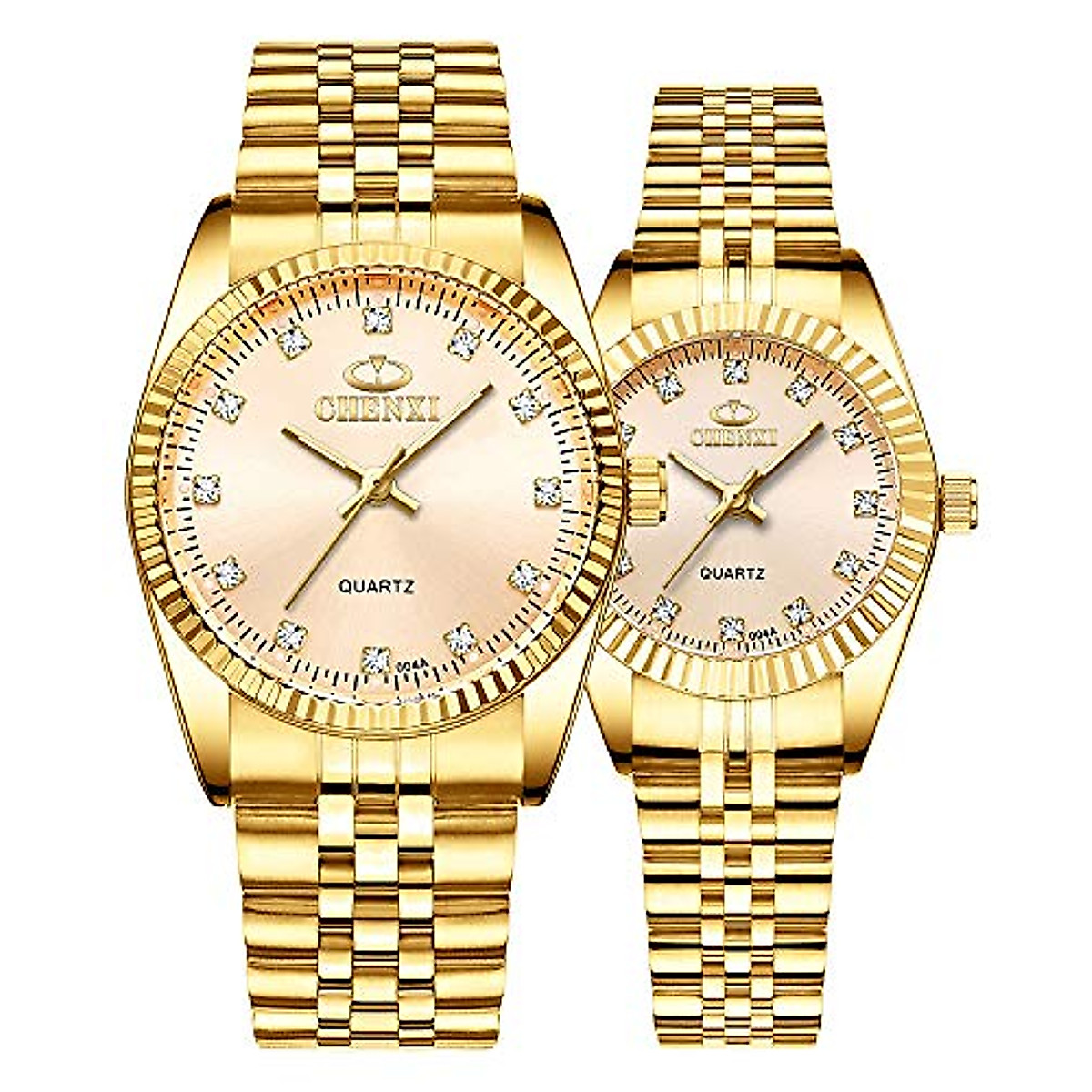 MASTOP Couple Watches Classic Golden Stainless Steel Watch His and Hers Waterproof Quartz Watch (Full Gold)