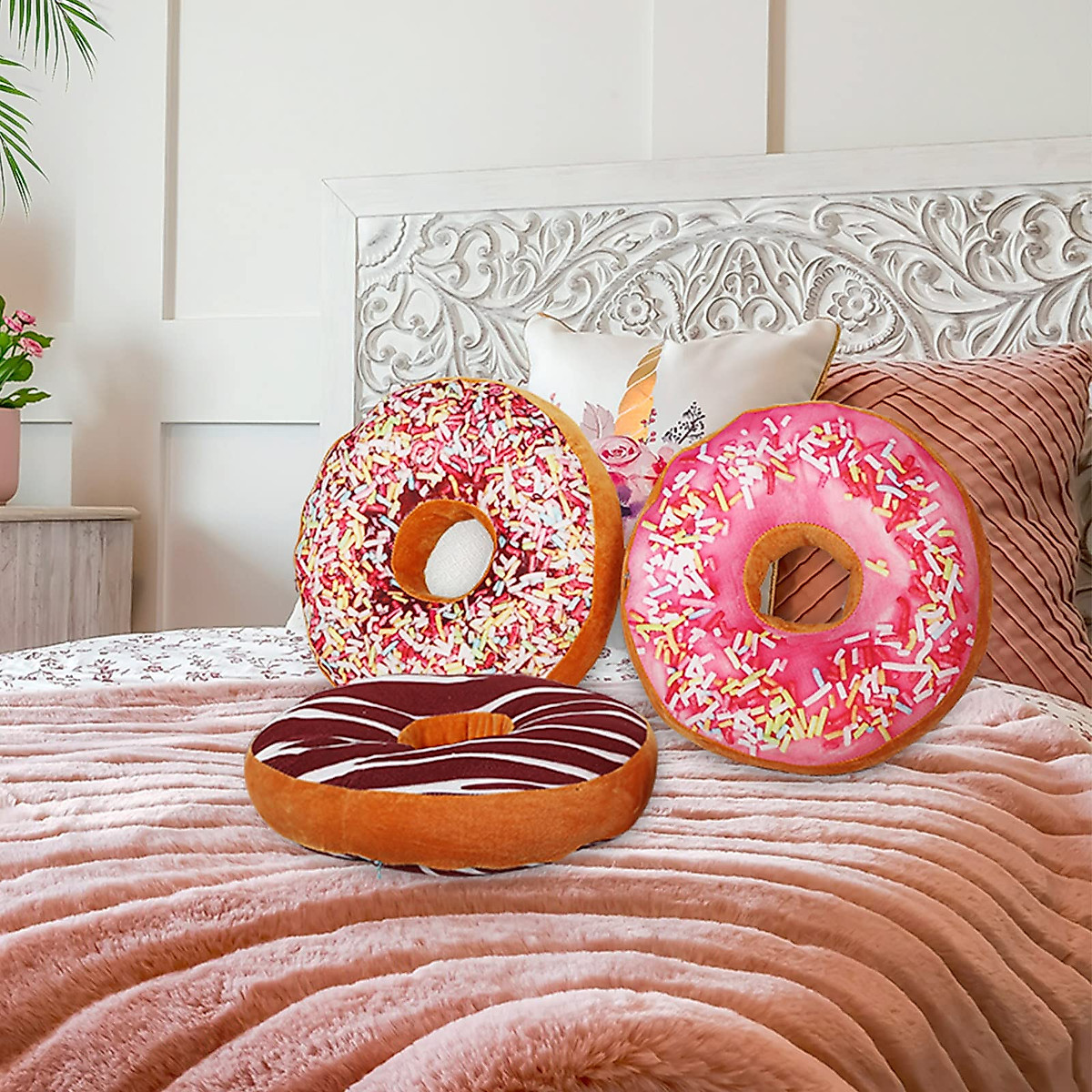 Round Throw Pillow 3 Pcs 16 Inch Chocolate Donut Pillow Plush Soft Food Pillow 3D Digital Print Stuffed Ear Piercing Pillow Decorative Light Weight Seat Pad Cushion for Chair Floor Couch Sofa (Cute)