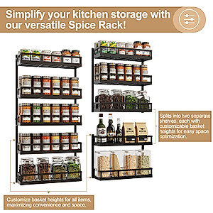 X-cosrack Wall Mount Spice Rack Organizer 5 Tier Height-Adjustable Hanging Spice Shelf Storage for Kitchen Pantry Cabinet Door, Dual-Use Seasoning Holder Rack with Hooks, Black-Patented