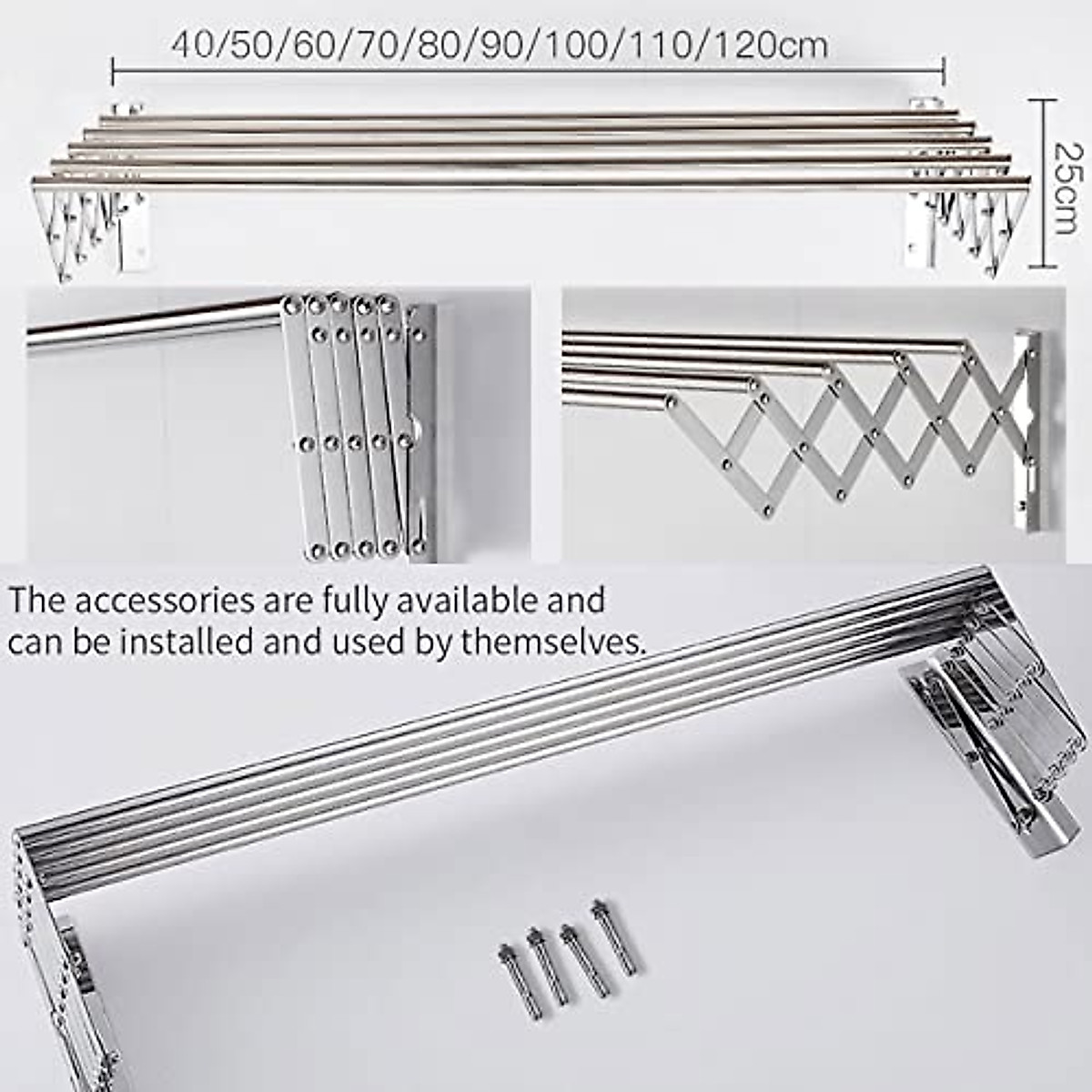 KARMIO Wall Mounted Clothes Drying Rack Stainless Steel 5 Bar Towel Rack Expandable Drying Rack Space-Saving for Laundry Room, Bathroom (Size : 50cm)