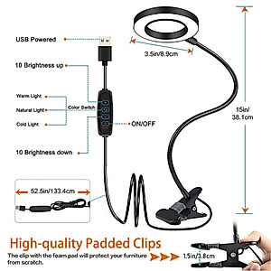 Brokimis Clip on Light LED Reading Book Study Lamp 3 Color Modes 10 Brightness Eye Protection 360° Flexible Gooseneck Student Dormitory Office Desk Lamp at Night in Bed