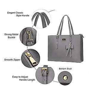 MOSISO Laptop Bag for Women Compatible with MacBook Air 15 inch M2 A2941/Pro 16 inch M3 M2 M1, 15-15.6 inch Notebook, PU Leather Travel Work Tote bag with Detachable Bowknot & Small Purse, Gray