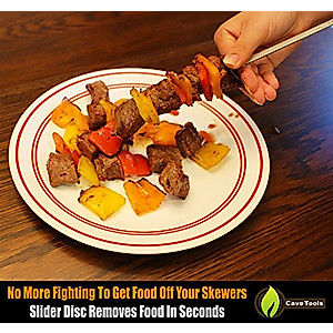 Cave Tools Skewers Set - 10 Stainless Steel Wide BBQ Kebob Sticks for BBQ Grill - Flat Metal with Food Remover Disc - BBQ Accessories, 17.3 Inch