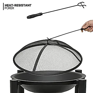 MoNiBloom 22" Portable Fire Pit Outdoor Wood Burning Firepit Outside BBQ Grill Cooking with Rack for Patio Backyard Picnic Garden, Black