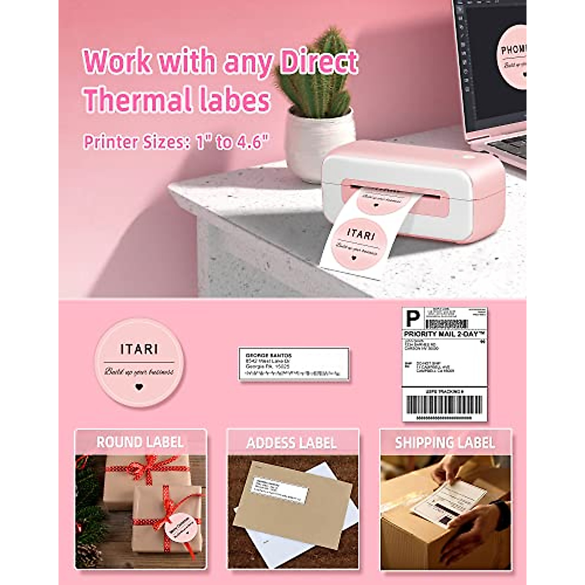 Shipping Label Printer, Itari High Speed 4x6 Thermal Label Makers for Shipping Packages, Small Desktop Sticker Printer for Home Business, Compatible with Amazon, Etsy, Ebay, USPS, Shopify, FedEx, Pink