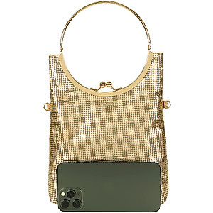 Venoline Clutch Purses for Women with Top Handle Mesh Circular Evening Sparkly Crossbody Handbag Party Prom Wedding Gold