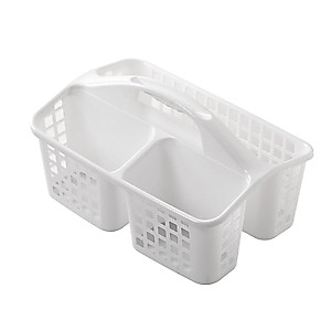 Bathroom Shower Caddy Basket with Handle Cleaning Tote Bins Cleaning Supplies Organizer Ventilated for College Dorm with 3 Compartments, White