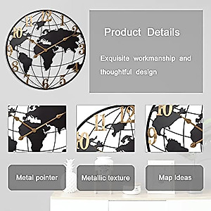 Large World Map Wall Clock, Metal Minimalist Modern Clock, Round Silent Non-Ticking Battery Operated Wall Clocks for Living Room/Home/Kitchen/Bedroom/Office/Farmhouse Decor (24 Inch)