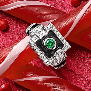 Ross-Simons 0.23 Carat Simulated Emerald and .65 ct. t.w. CZ Art Deco-Style Ring With Black Enamel in Sterling Silver. Size 8