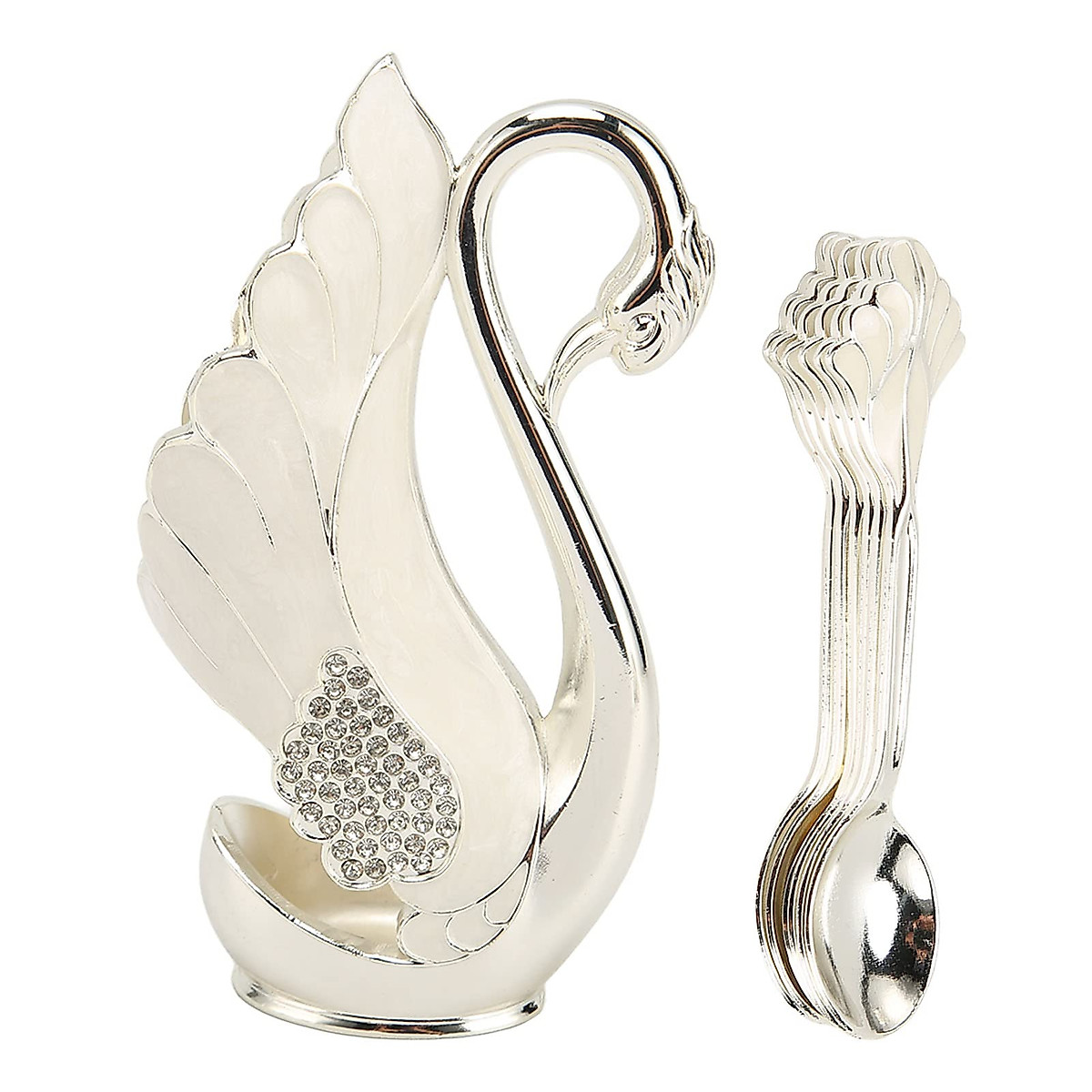 Coffee Spoon Holder Coffee Dessert Spoon Set Alloy Swan Base Holder Spoon Organizer with 6pcs, Modern Style Ice Cream Spoons Teaspoons Coffee Dessert Flatware(Spoon)