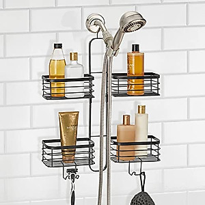 mDesign Metal Steel Hanging Shower Caddy, 4 Basket Organizer Rack for Bathroom; Hold Handheld Shower Head, Hose, Shampoo, Conditioner, Shaving Cream, Soap, Loofah - Carson Collection - Matte Black