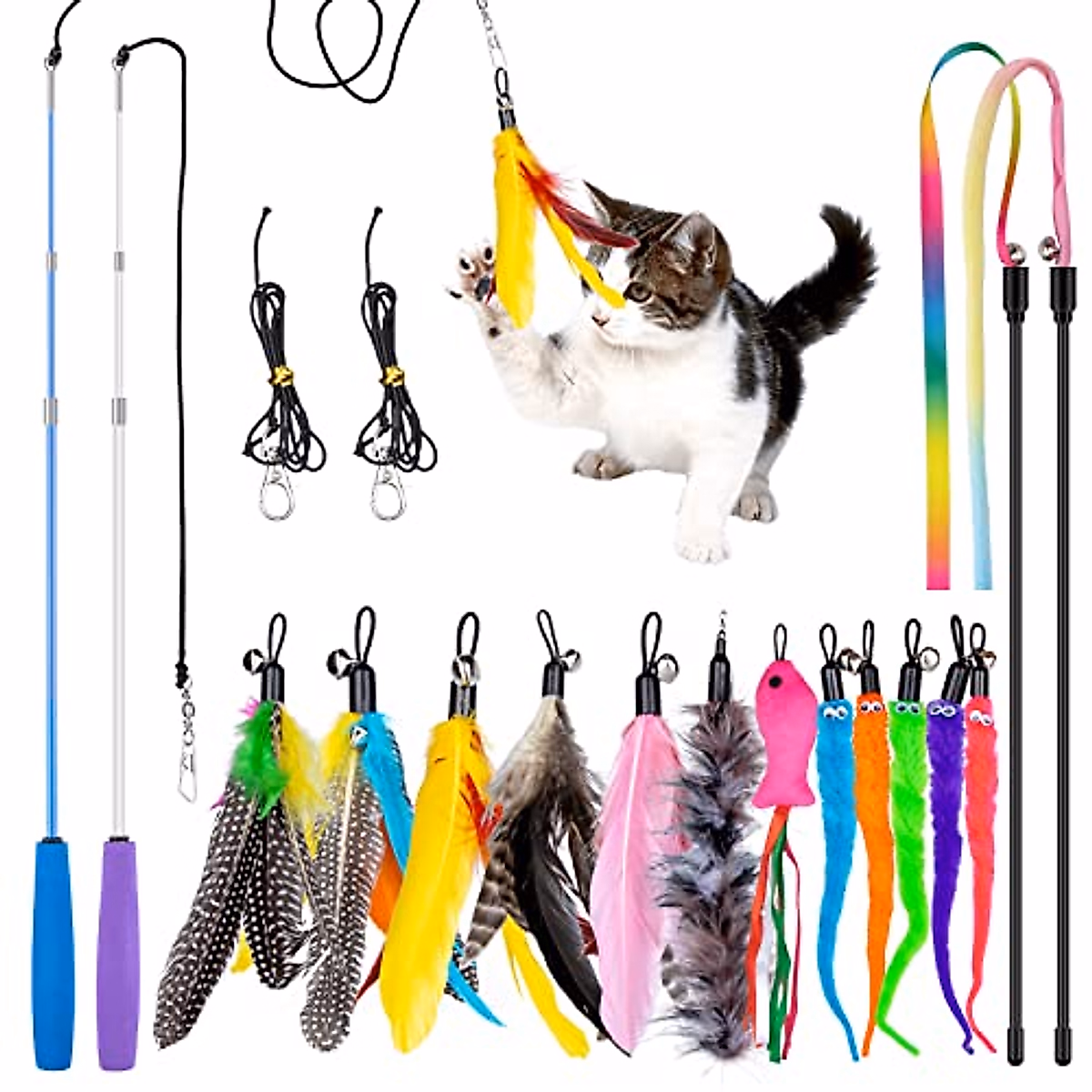 Oziral Cat Feather Toys 18 Pack Interactive Cat Toys Include 2PCS Retractable Cat Wand Toys Cat Rainbow Wand and 10PCS Assorted Cat Teaser Refills with Bell for Indoor Cats Kitten