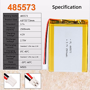 YDL3.7V 2500mAh 485573 Lipo Battery Rechargeable Lithium Polymer ion Battery Pack with PH2.0mm JST Connector