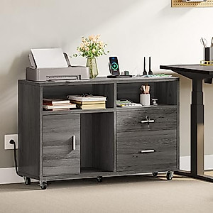 YITAHOME Wood Lateral File Cabinet, 2 Drawer Mobile Storage Cabinet, Fits A4, Letter and Legal, Printer Stand with Open Storage Shelves, Modern Filing Cabinet for Home Office, Grey