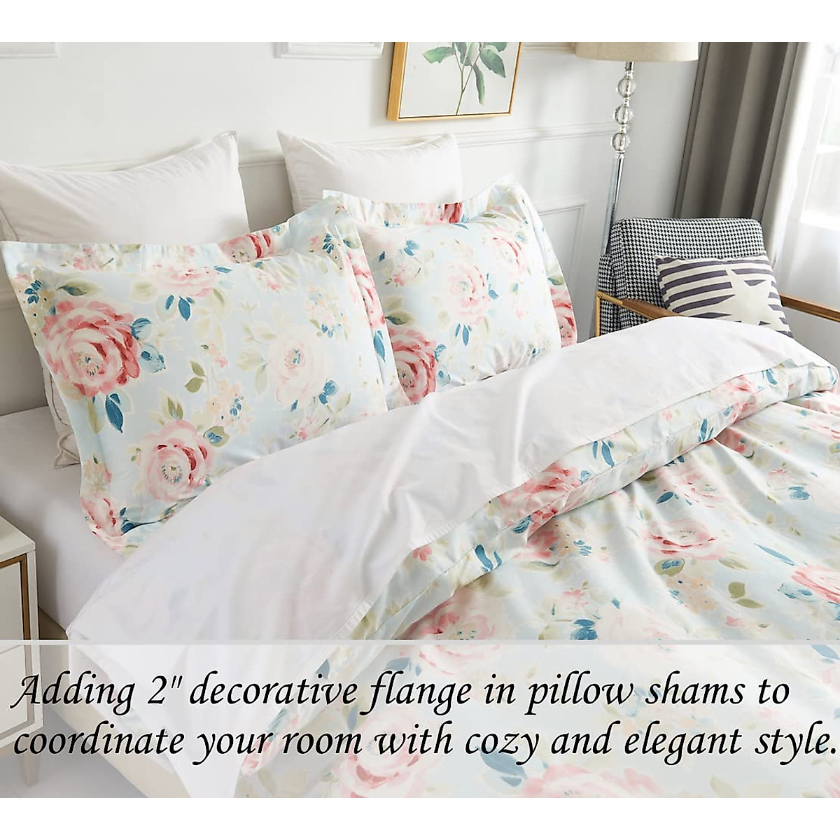 DAUAOTO Queen Size 90"X90" Duvet Cover Set, Bedding Cotton Floral Print Pattern for Teens Girls, Rose Flower Garden