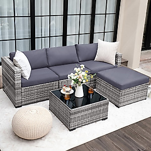 UDPATIO Modular Patio Furniture Set 5 Pieces Outdoor Sectional Couch with Glass Coffee Table, L Shaped Wicker Sofa Patio Conversation Set for Backyard Porch Balcony Grey