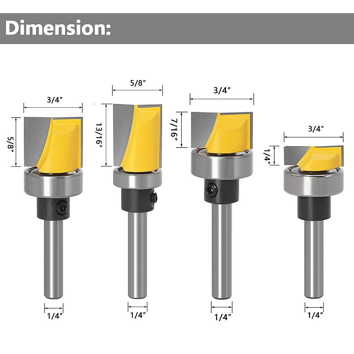 Yakamoz 4Pcs 1/4 Inch Shank Hinge Mortising Flush Trim Template Router Bit Set with Ball Bearing Carbide Tipped Router Bits Wood Milling Cutter Tool