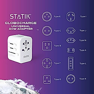 Statik GloboCharge Universal Travel Adapter to Over 200 Countries, 30W International Plug Adapter, 5 USB Ports Wall Charger with Type A & Type C, Fast Charging Worldwide Power Plug Adapter