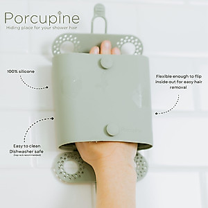 Porcupine Shower Wall Hair Catcher, Modern Silicone Design Collects & Conceals Wet Hair in Bathroom, Prevents Clogged Drains, Reusable, Removable, Easy to Clean, Heavy Duty Hanger Included (Cool Gray)