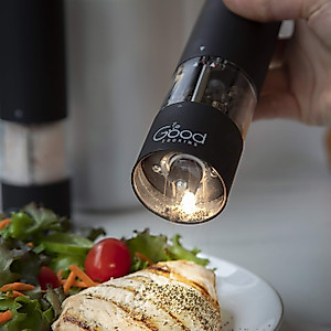 Electric Pepper Grinder and Salt Mill (2 Pack)- Battery Operated One-Handed Spice Dispenser w LED Light & Adjustable Coarseness- Matte Black, Batteries Included