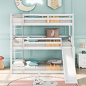 KoiHome Twin Over Twin Over Twin Adjustable Triple Bunk Bed with Slide & Two Ladders, Full-Length Guardrail & Solid Slat Support, Space-Saving for Kids Teens Bedroom, No Box Spring Needed, White
