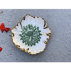 Green Lotus Flower Ring Dish with Gold Rim, Handmade Ceramic Trinket Dishes, Jewelry Gifts for Women and Men -stock photo, please read description