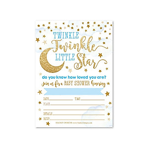 25 Twinkle Twinkle Boy Baby Shower Invitations, Sprinkle Invite For Boy, Coed Little Stars Gender Reveal Theme, Cute Moon Clouds DIY Fill or Write In Blank Printable Card, Blue Gold Party Supplies