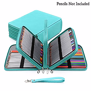 BTSKY Colored Pencil Case Holder- Big Capacity Deluxe PU Leather Storage Pencil Organizer Holds 160 Pencils with Handle Strap for School College Office Watercolor Pencils Organization(Green)