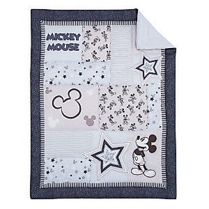 Disney Mickey Mouse - Timeless Mickey Blue, Gray, and White Stars and Icons 3 Piece Nursery Crib Bedding Set - Comforter, Fitted Crib Sheet, and Crib Skirt