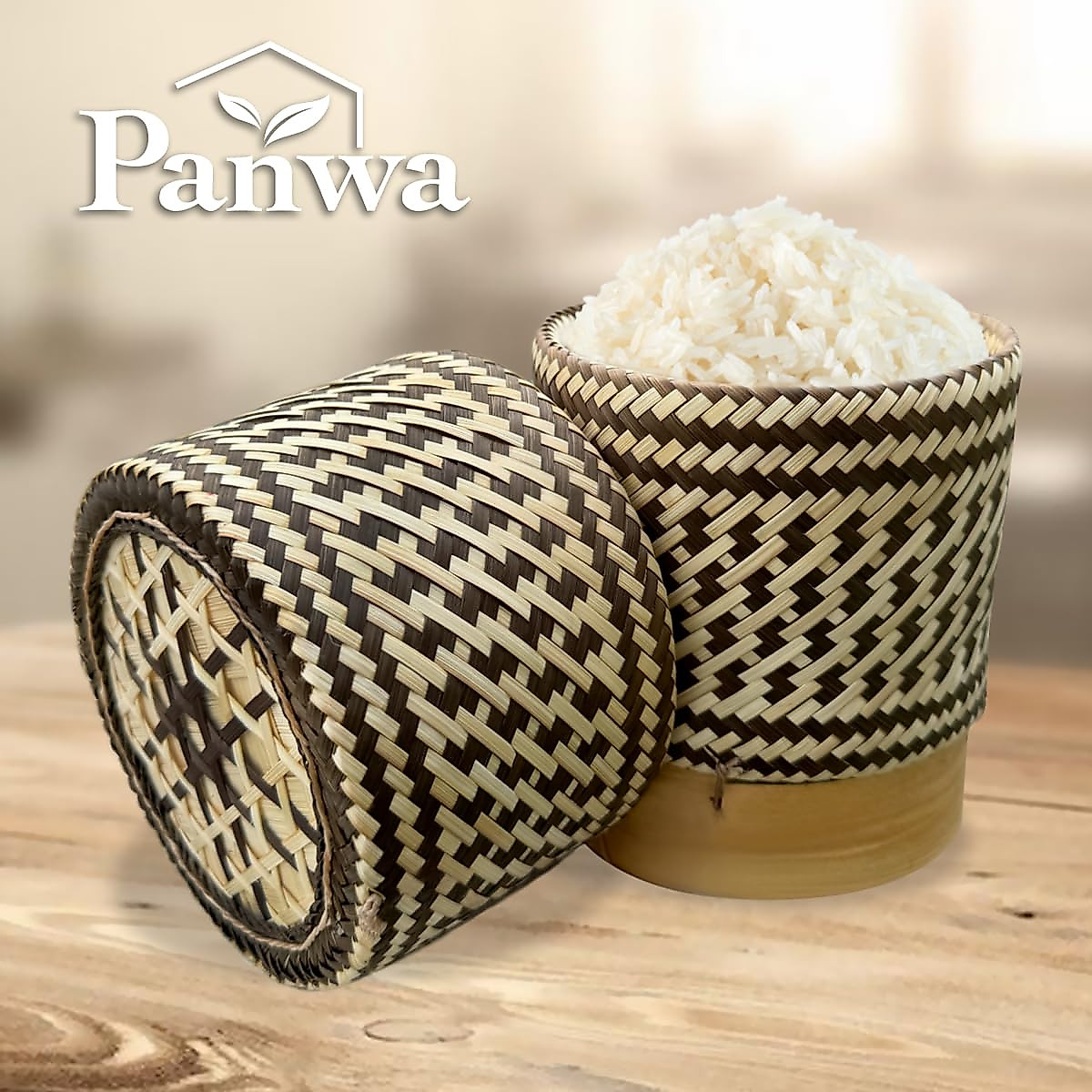 PANWA Sticky Rice Cooking Set Bamboo Steamer Basket with 24’’ Cheesecloth, Wicker lid, and Kratip Chocolate Toned