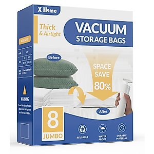 8 Pack Jumbo Vacuum Storage Bags, 80% Space Saver Vacuum Seal Bags for Clothing Bedding, Blankets, Comforters, Duvets, Quilts, and Pillows, Vacuum Compression Bags with Travel Hand Pump