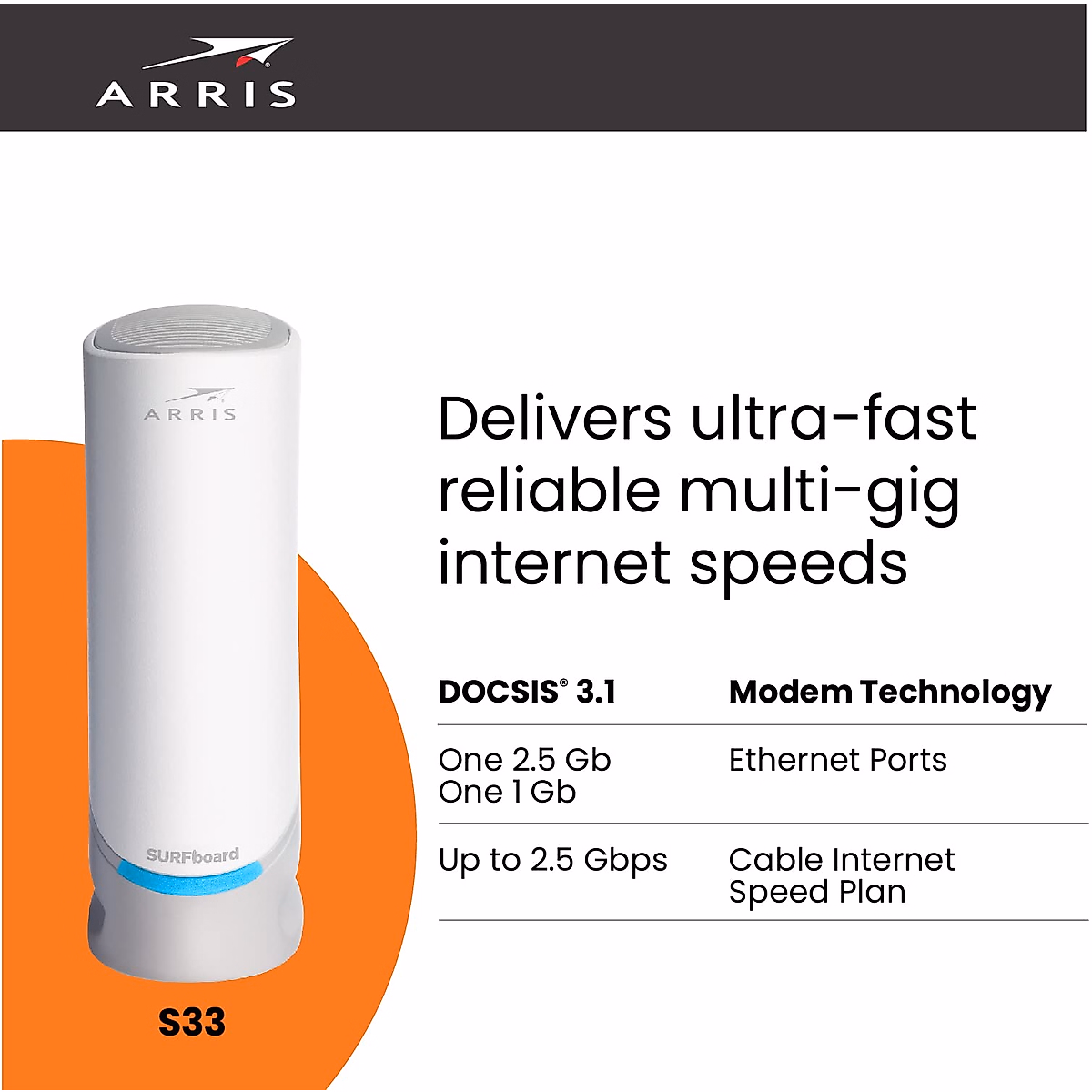 ARRIS Surfboard, S33 DOCSIS 3.1 Modem (2.5 Gbps Max Internet Speeds) & W31 AX11000 WiFi 6 Mesh Ready Router Bundle (WiFi speeds up to 11 Gbps), Alexa Support, Mesh with Your Cable Internet