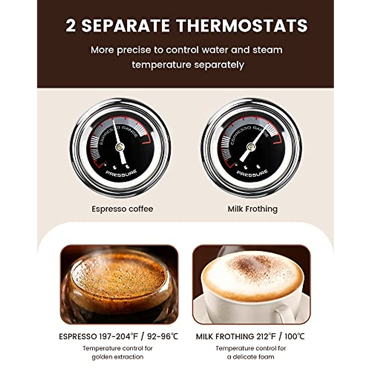 Teglu Espresso Machine 20 Bar with Milk Frother, Semi-Automatic Latte & Cappuccino Coffee Maker Duo-cup 33oz/1L Removable Water Tank for Home/Office, 1450W, Stainless Steel