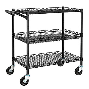 Finnhomy 3 Tier Heavy Duty Commercial Grade Utility Cart, Wire Rolling Cart with Handle Bar, Steel Service Cart with Wheels, Kitchen Cart on Wheels, Food Storage Trolley, NSF Listed, Black