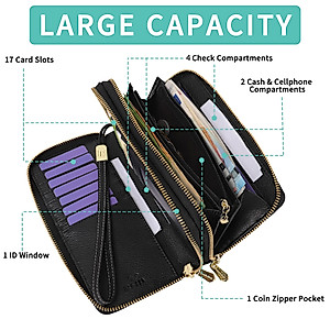 Pomelo Best Real Leather Women's Wallet with Camellia Ornament, RFID Blocking, Coin Pocket, Black, L