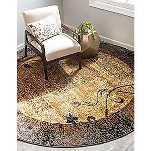 Unique Loom Barista Collection Modern, Abstract, Botanical, Border, Distressed, Vintage, Rustic, Warm Colors Area Rug, 4 ft Round, Beige/Gray