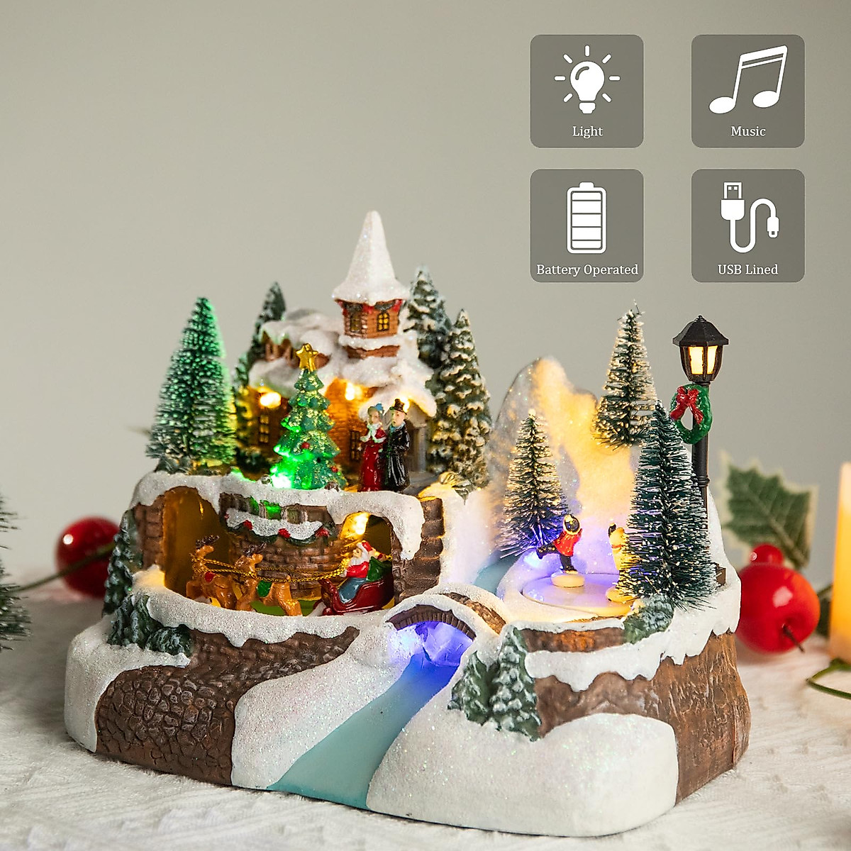 VCUTEKA Christmas Village Collectible Building - Church House with Skating Pond Lighted Musical Village Perfect Addition to Your Christmas Indoor Decorations or Holiday Displays