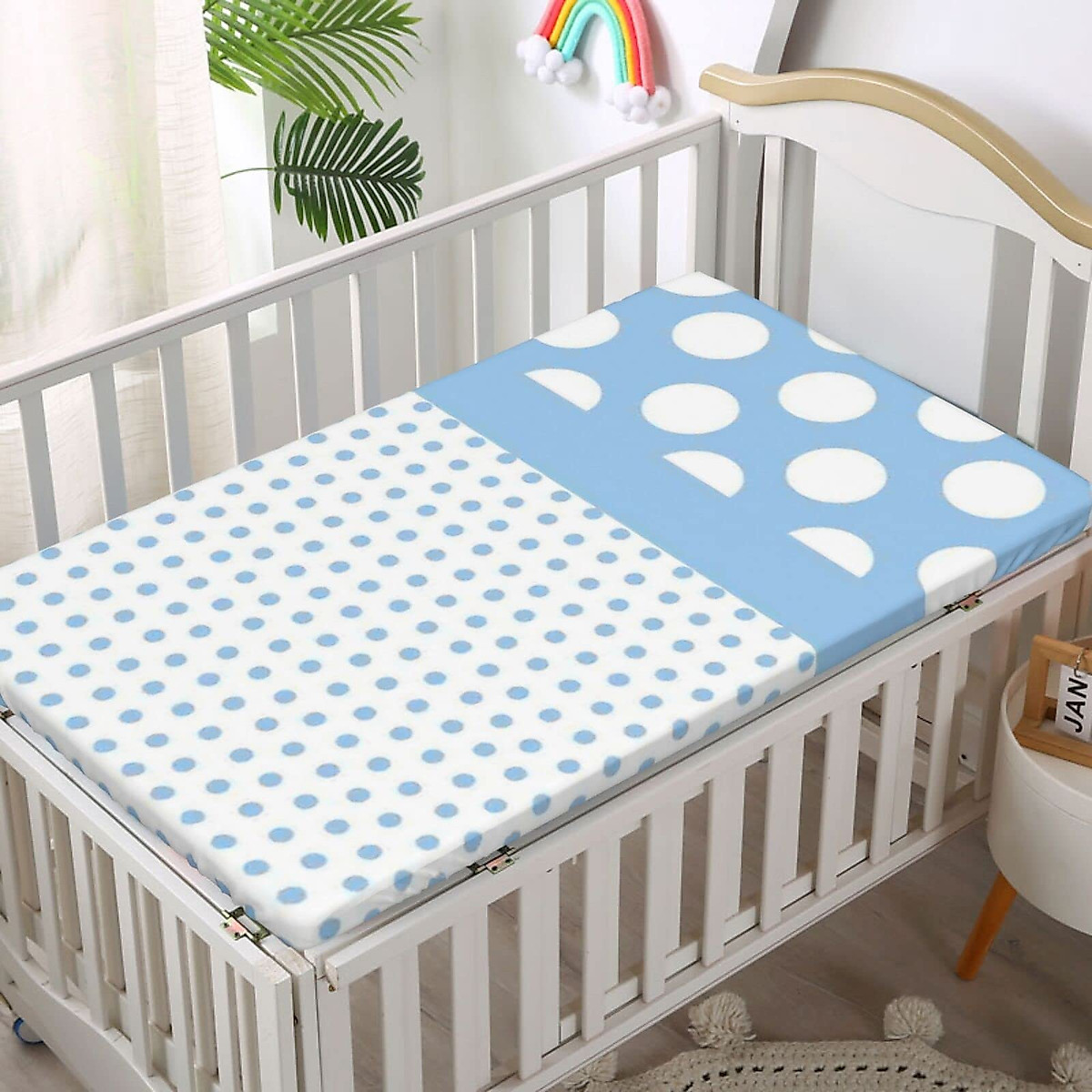 Polka Dots Themed Fitted Mini Crib Sheets,Portable Mini Crib Sheets Toddler Bed Mattress Sheets-Baby Crib Sheets for Girl or Boy,24“ x38“,White Blue