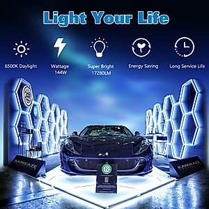 Wanzvisk Hexagon Led Lights,5 Pack 144W 17280LM Super Bright Hexagon Garage Ceiling Light for Gym Shop Basement Car Detailing Hexcal Studio Lighting