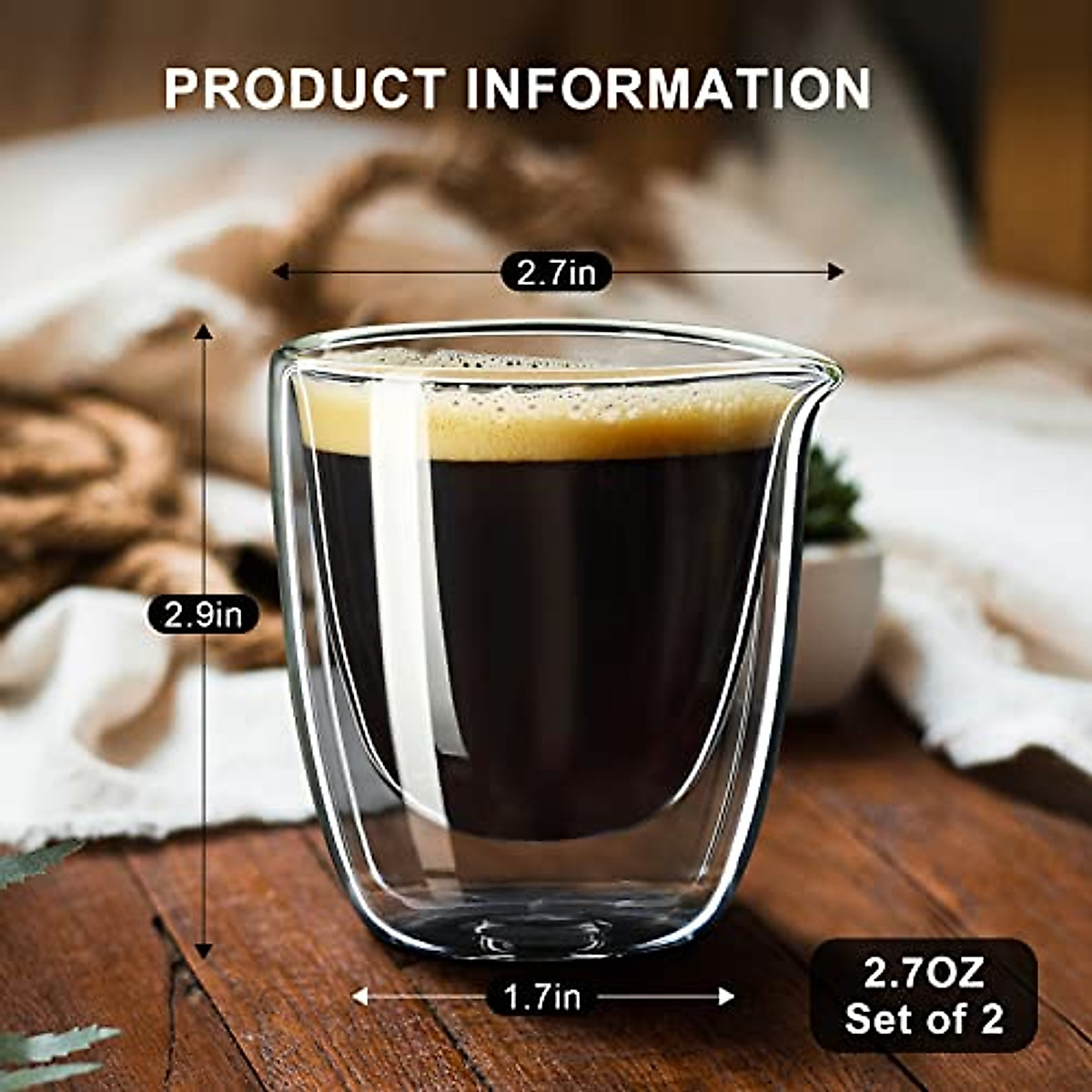 PARACITY Espresso Cups Set of 2, Double Walled Espresso Shot Glass with Spout, High Borosilicate Glass Expresso Coffee Cup, Anti-Scald Expresso Shots Cup, Clear Glass Espresso Accessories 2.7 OZ