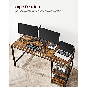 VASAGLE ALINRU Computer Desk, 55.1-Inch Wide Home Office Desk for Study, Writing Desk with 2 Shelves on Left or Right, Steel Frame, Industrial, Rustic Brown and Black ULWD55X