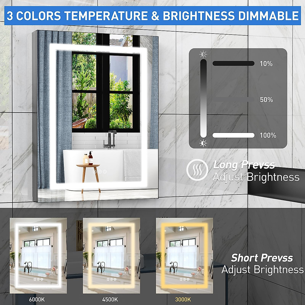 Kiiminki LED Bathroom Cabinet, Wall Mounted Medicine Cabinet with LED Mirror 3 Colors Changeable & Dimmable Brightness, Anti-Fog Function (Black, 36X24)