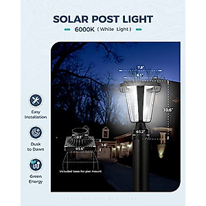 Lovus 2Pack Solar Post Light Fixture, Two Mounting Ways, Pole/Pier Mount 6000k Outdoor Solar Post Lamp Dusk to Dawn for Patio, Garden