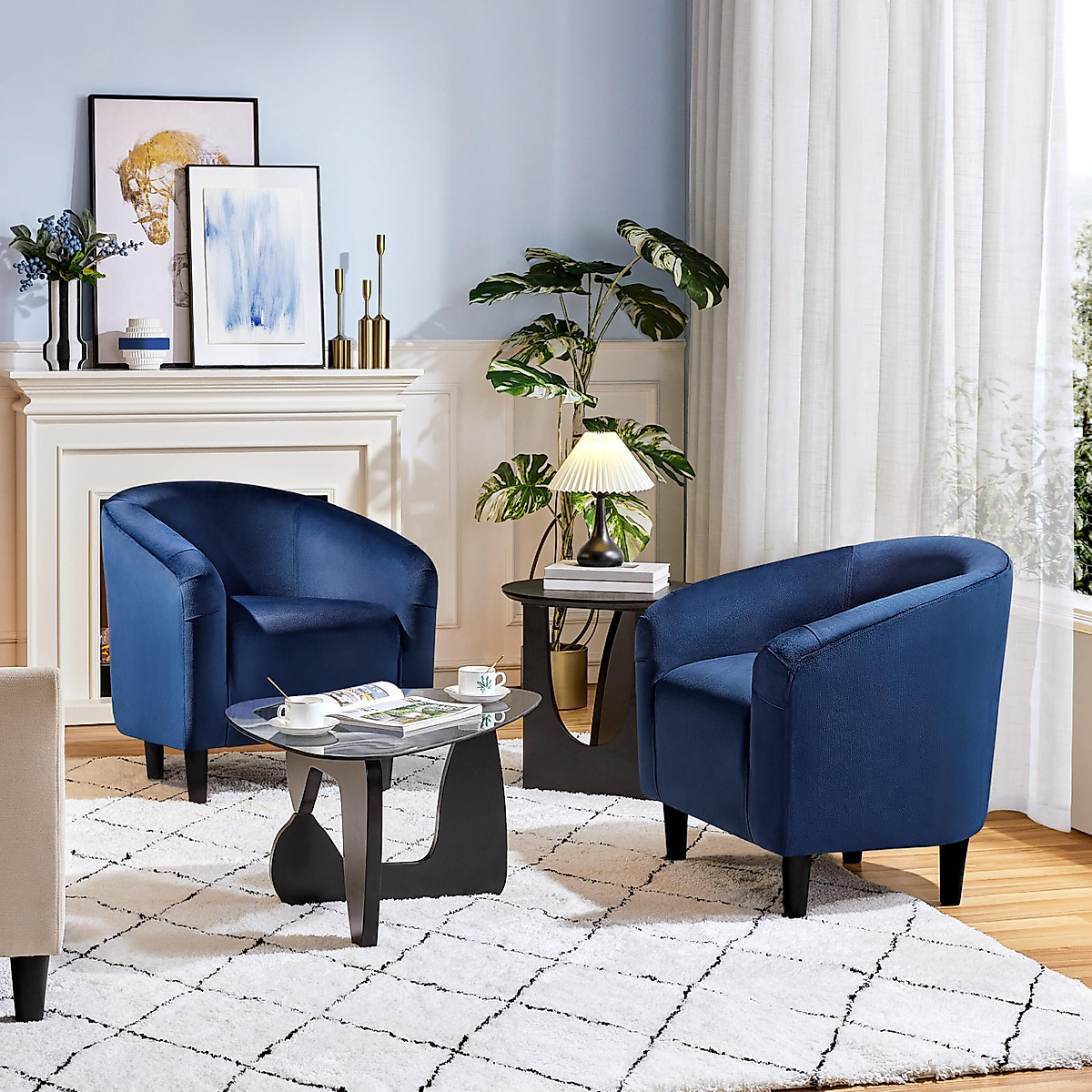 Yaheetech Velvet Club Chair, Modern Tufted Accent Chair with Armrest, Upholstered Barrel Chair with Solid Legs for Living Room/Bedroom/Study/Waiting Room, Navy Blue