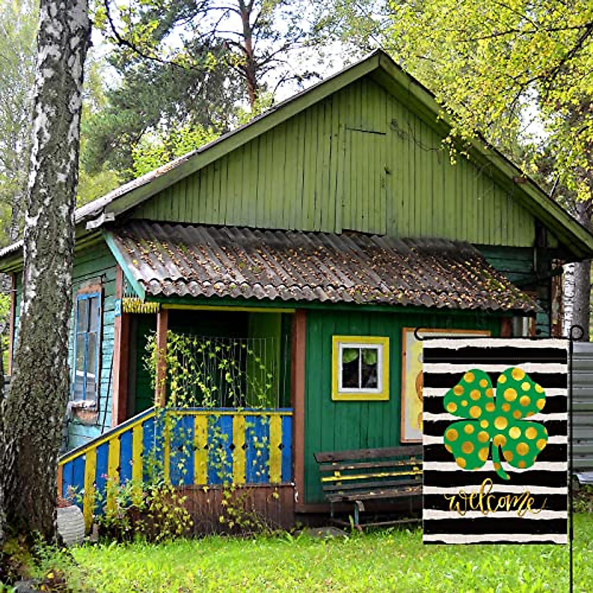 PETOX Garden Flag,12.5X18 Inch Double Sided Lucky four-leaf Clover Welcome Small Garden Flag for Yard Outside Decoration(1 Pack)