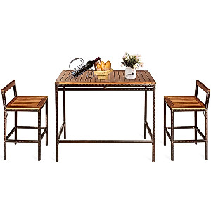 Tangkula 3 PCS Patio Bar Table Set, Outdoor Rattan Bar Set Bistro Set with Acacia Wood Top, Wood Table Set with 2 Bar Chairs for Dining Room, Backyard, Patio and Balcony