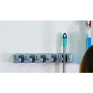 Incredible Inventions Wall Mounted Broom Holder - 5-Slot Wall-Mounted Broom Holder for Neat and Tidy Cleaning Tool Organization, Sturdy Design, Compact Storage For Mops and Brooms