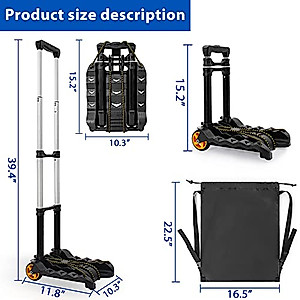 Folding Luggage Cart, TORIBIO Luggage Trucks Aluminum Portable Luggage Trolley with Storage Bag, Utility Dolly Platform Cart for Travel, House Office Moving, Travel, Shopping, Black
