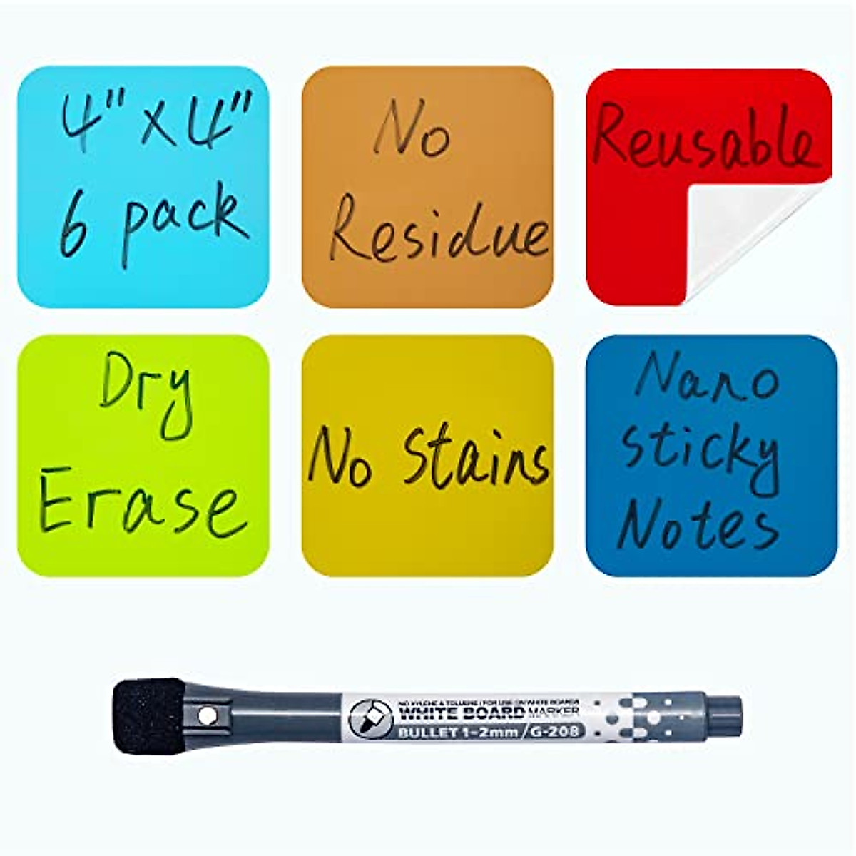 KopYoeHn Dry Erase Sticky Notes, Reusable Whiteboard, Colorful Stickers for All Smooth Surfaces, Washable, Removable, Great for Office, Home, Eco-Friendly, 4X4 inch, 6 Pack
